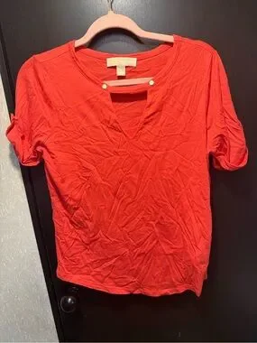 Michael Kors | Tops | Michael Kors Red Short Sleeve Notch Neck Top With ...
